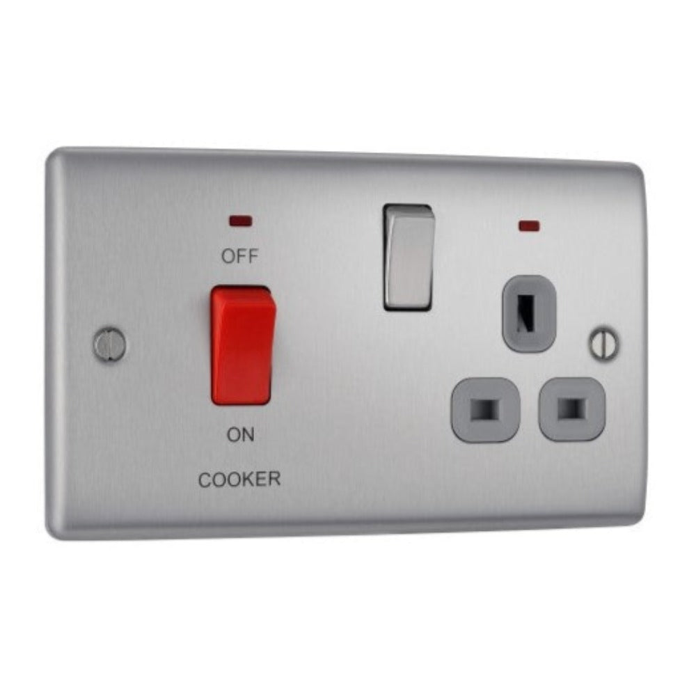 Brushed Steel Double Pole 45amp Cooker Switch and Socket