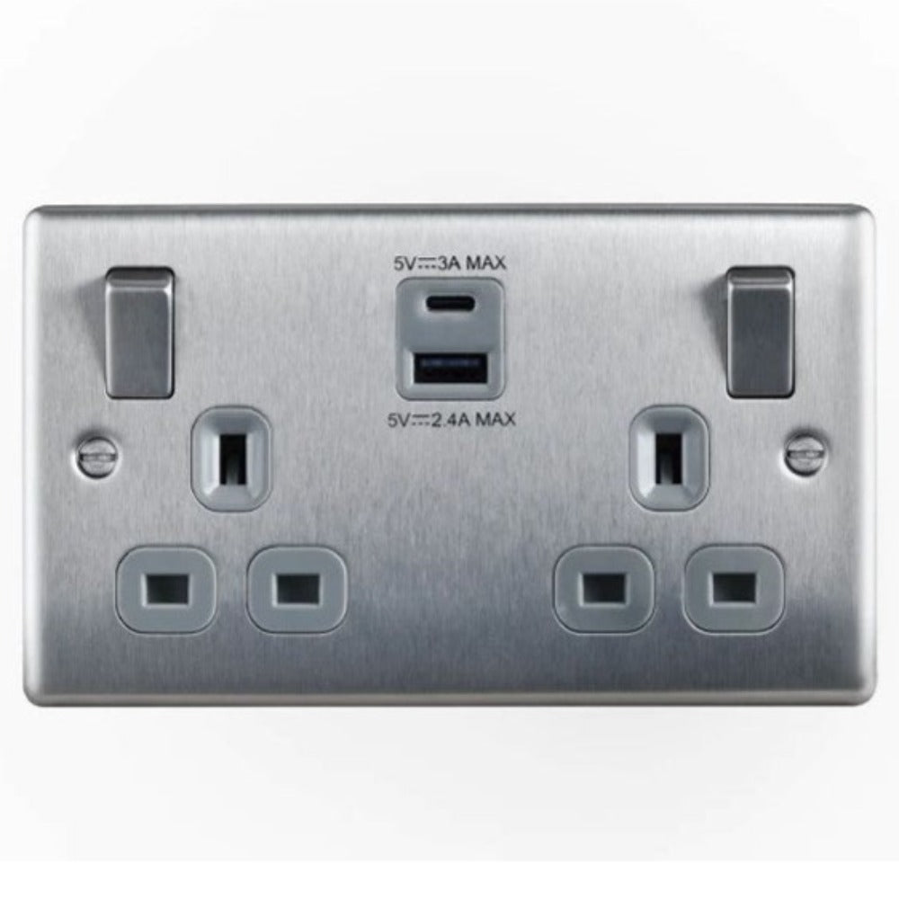 Brushed Steel Double Switched Socket with USB A&C